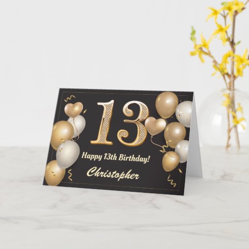 13th Birthday Black and Gold Balloons Birthday Card | Zazzle