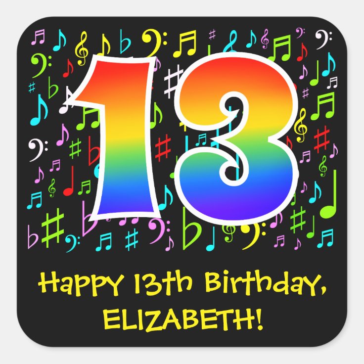 13th Birthday: Colorful Music Symbols, Rainbow 13 Square Sticker | Zazzle
