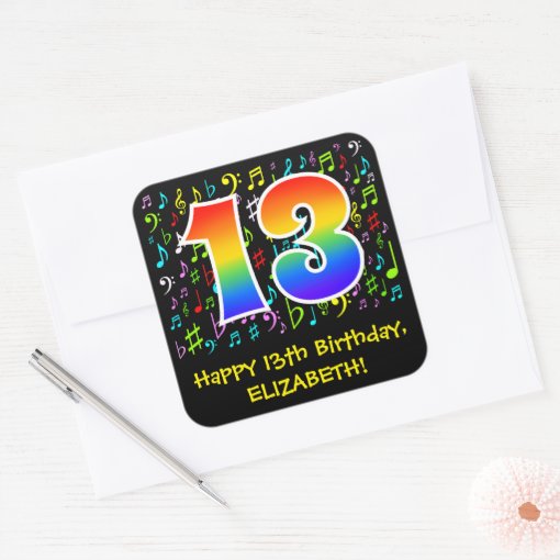 13th Birthday: Colorful Music Symbols, Rainbow 13 Square Sticker | Zazzle