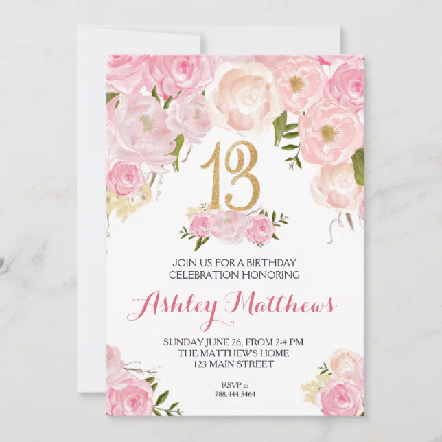 13th birthday Floral Invitation, Invitation | Zazzle