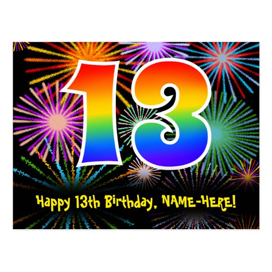13th Birthday – Fun Fireworks Pattern + Rainbow 13 Postcard | Zazzle.com