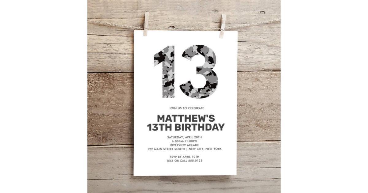 13TH Birthday, Grey Camo Personalized Teen Invitation | Zazzle
