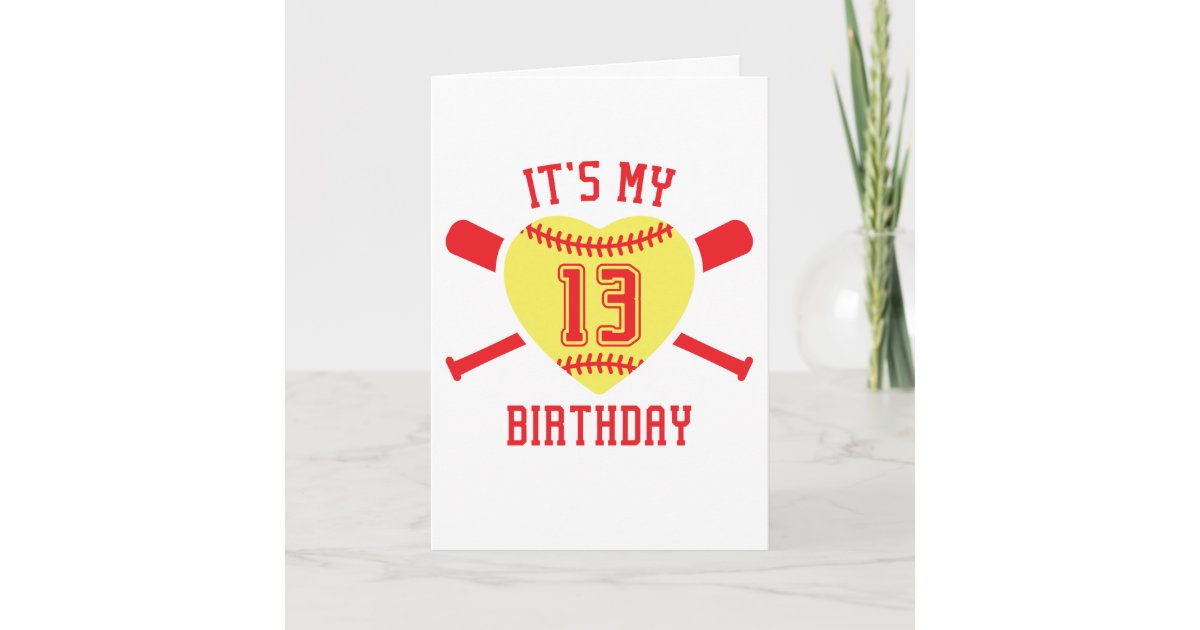 13th Birthday Heart Softball Birthday Card | Zazzle