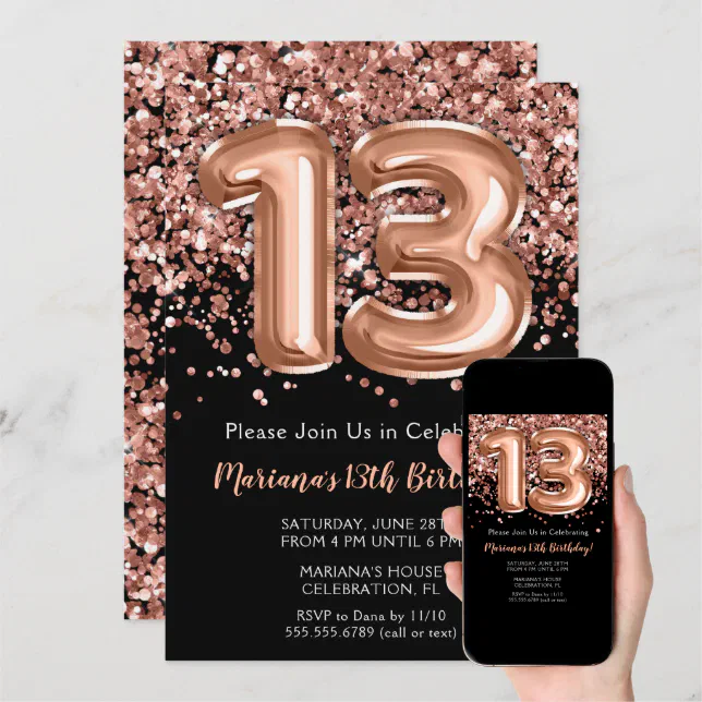 13th Birthday Invitation Black Rose Gold Glitter | Zazzle