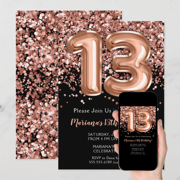 13th Birthday Invitation Black Rose Gold Glitter | Zazzle