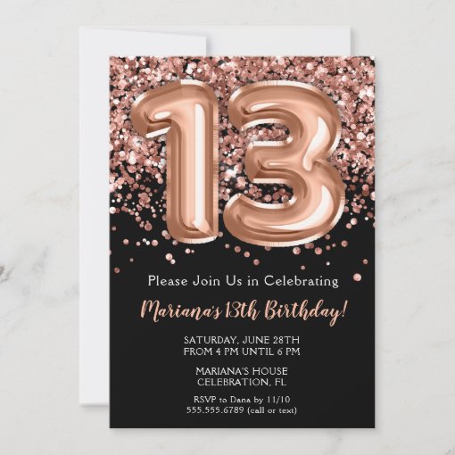 13th Birthday Invitation Black Rose Gold Glitter | Zazzle