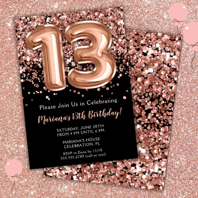 13th Birthday Invitation Black Rose Gold Glitter | Zazzle