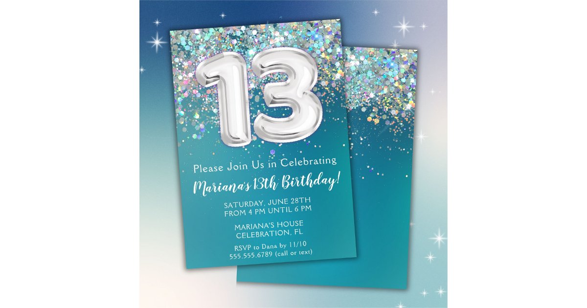 13th Birthday Invitation Teal Silver Glitter | Zazzle
