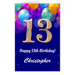 13th Birthday Navy Blue Gold Balloon Extra Large Card | Zazzle