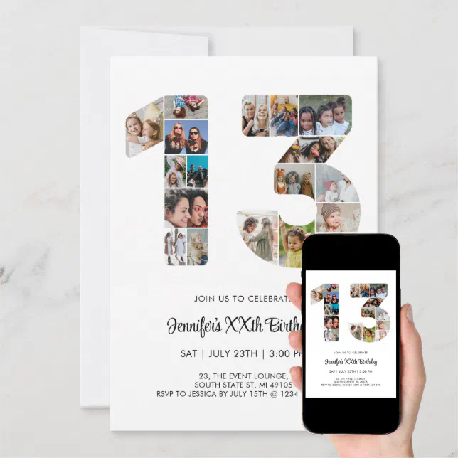 13th Birthday Number 13 Custom Photo Collage Invitation | Zazzle