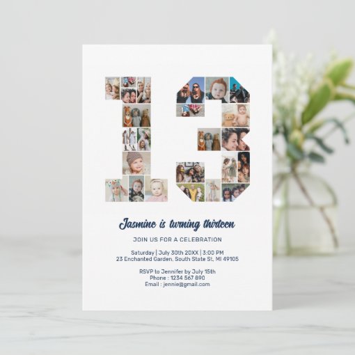 13th Birthday Number 13 Custom Photo Collage Invitation | Zazzle
