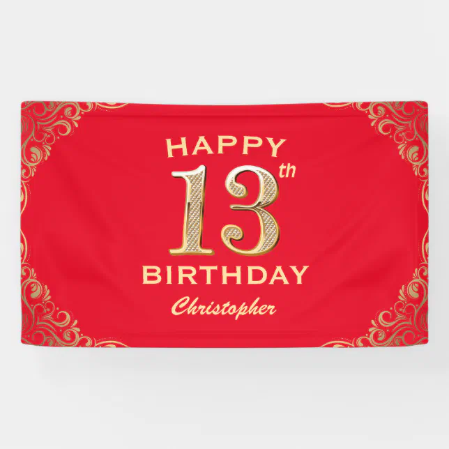 13th Birthday Party Red and Gold Glitter Frame Banner | Zazzle