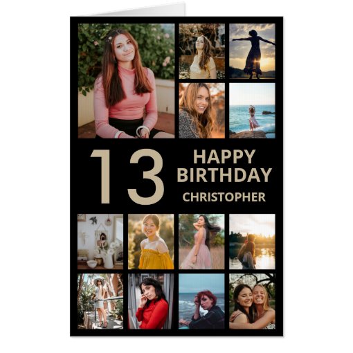 13th Birthday Photo Collage 13 Photos Black & Gold Card | Zazzle