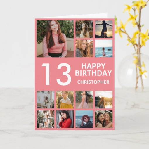 13th Birthday Photo Collage 13 Photos Pink & White Card | Zazzle