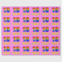 13th Birthday: Pink Stripes & Hearts, Rainbow # 13 Wrapping Paper | Zazzle