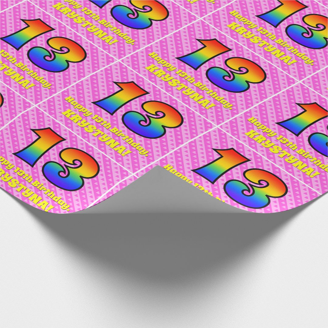 13th Birthday: Pink Stripes & Hearts, Rainbow # 13 Wrapping Paper | Zazzle
