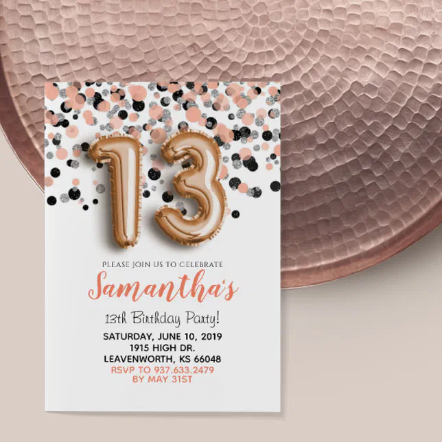 13th Birthday Rose Gold Confetti Invitation | Zazzle
