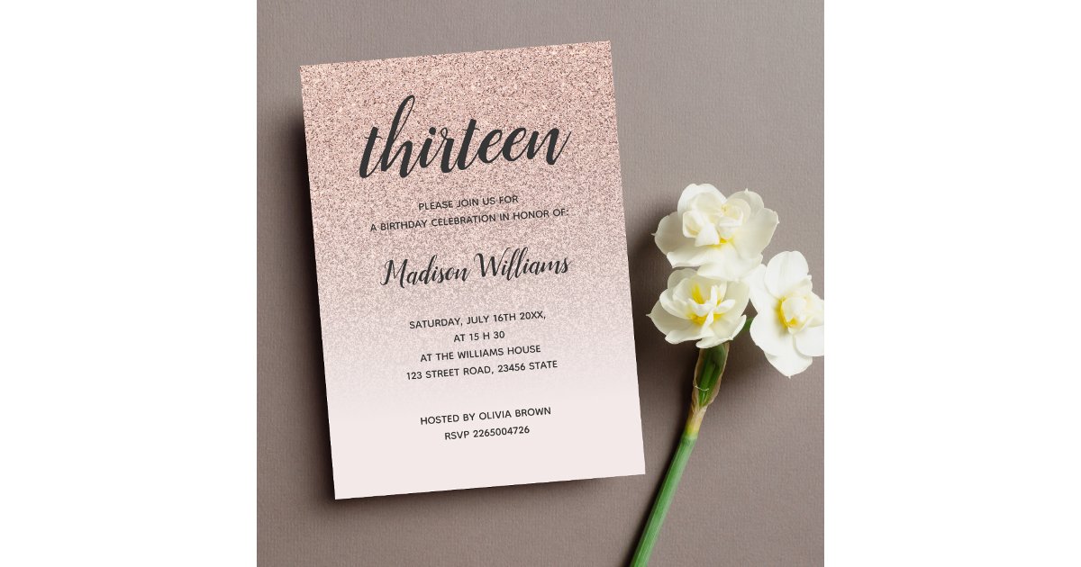 13th Birthday Rose Gold Ombre Glitter Invitation | Zazzle