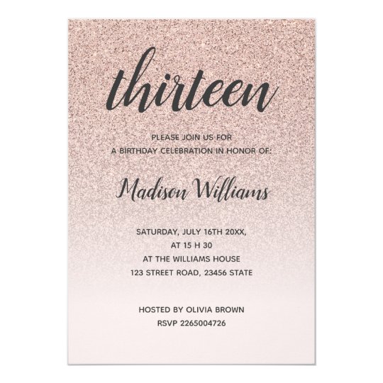 13th Birthday Rose Gold Ombre Glitter Invitation | Zazzle.com