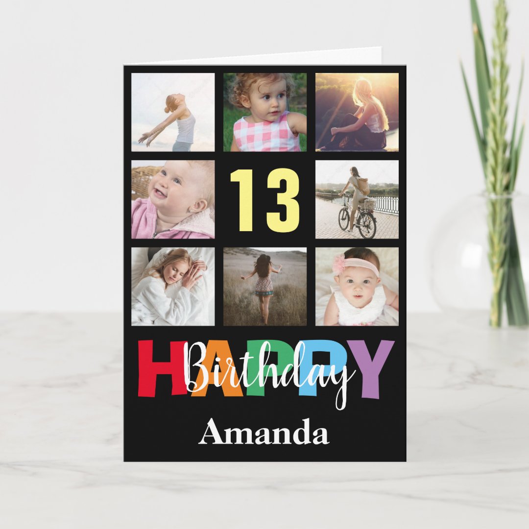 13th Happy Birthday Photo Collage Modern Black Card | Zazzle