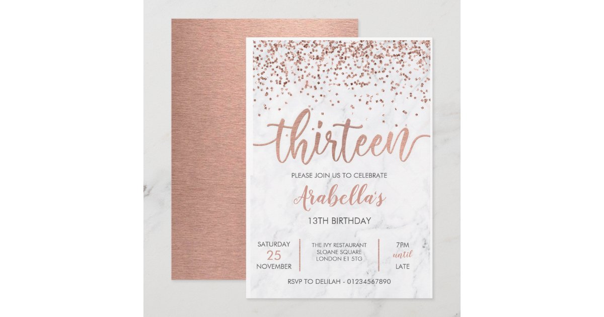 13th, Marble Rose Gold Pink Invitation | Zazzle