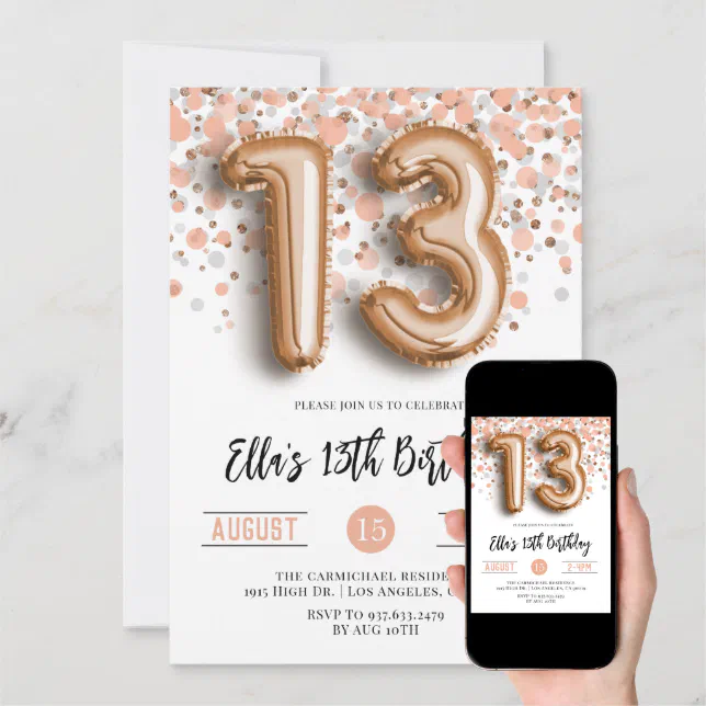 13th Rose Gold Birthday Invitation | Zazzle