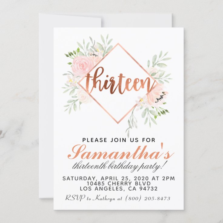 13th Rose Gold Birthday Invitation | Zazzle