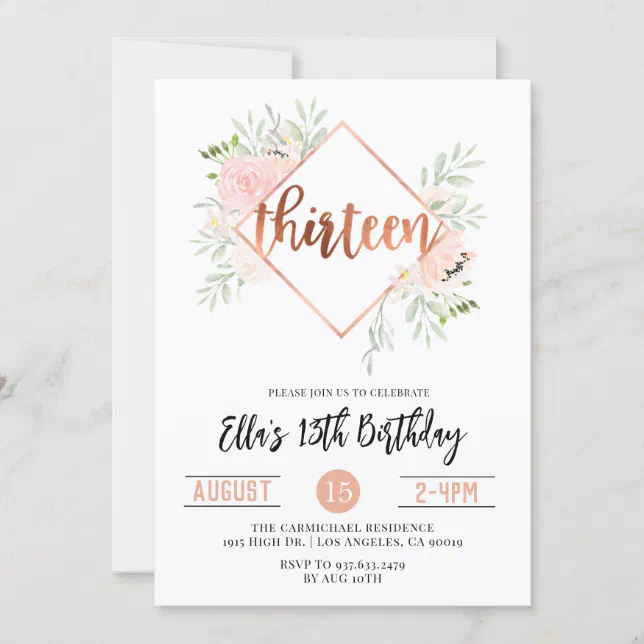 13th Rose Gold Birthday Invitation | Zazzle