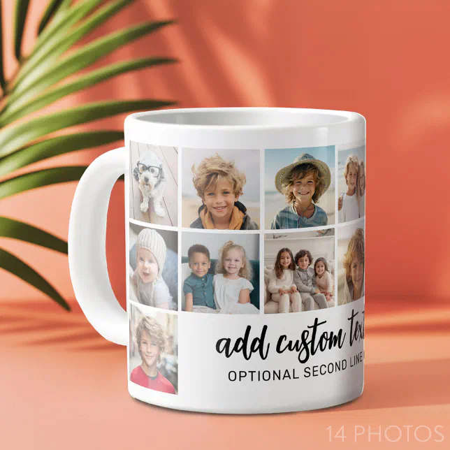14 Photo Collage Grid - 2 Text boxes - black white Giant Coffee Mug ...