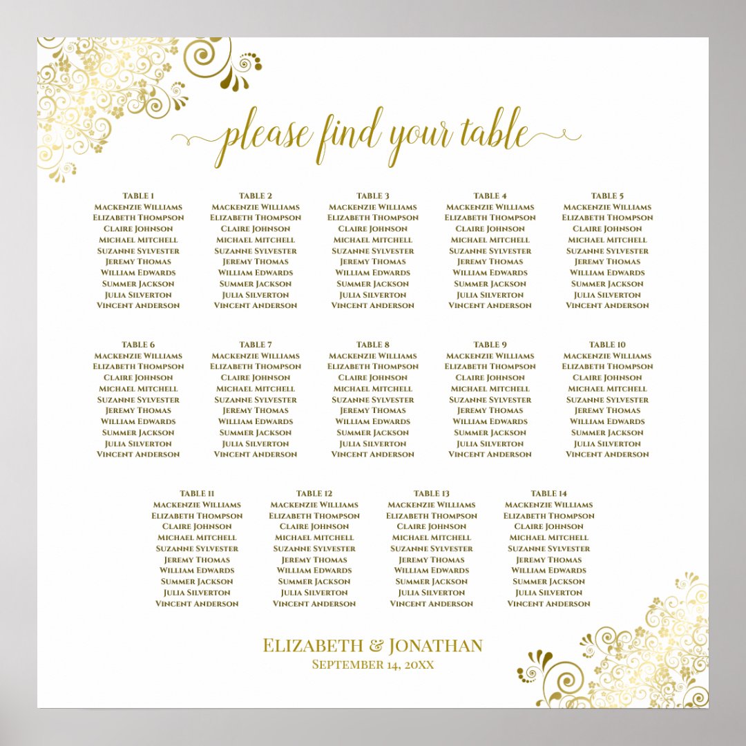 14 Table Gold Frills Wedding Seating Chart White | Zazzle