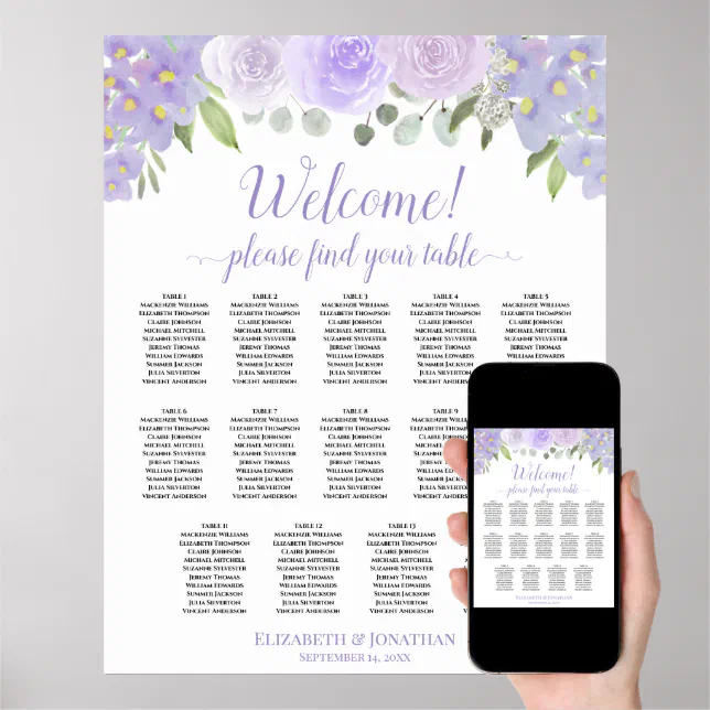 14 Table Lavender Floral Wedding Seating Chart | Zazzle