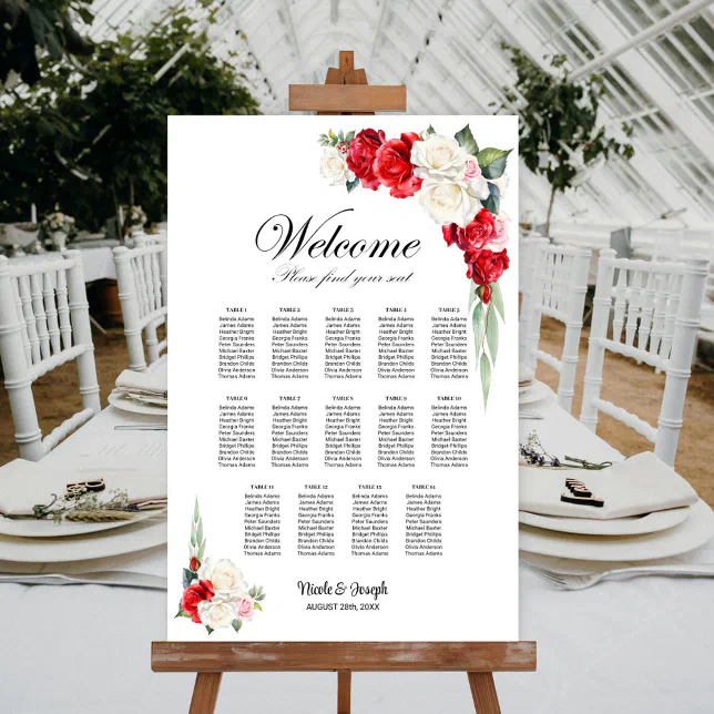 14 Table Red White Rose Floral Seating Chart | Zazzle