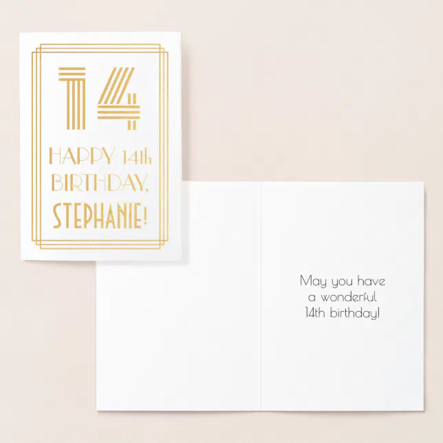 14th Birthday - Art Deco Inspired Look "14" & Name Foil Card | Zazzle