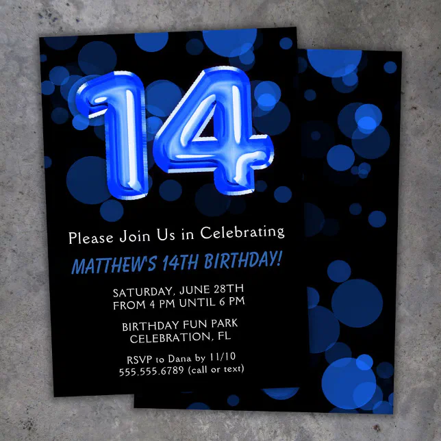 14th Birthday Balloons Kids Blue Boy Party Invitation | Zazzle