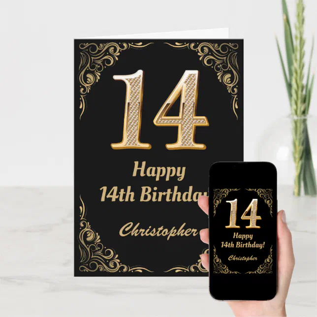 14th Birthday Black and Gold Glitter Frame Card | Zazzle