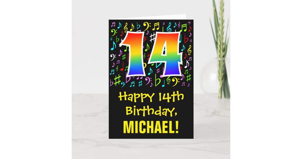 14th Birthday: Colorful Music Symbols + Rainbow 14 Card | Zazzle