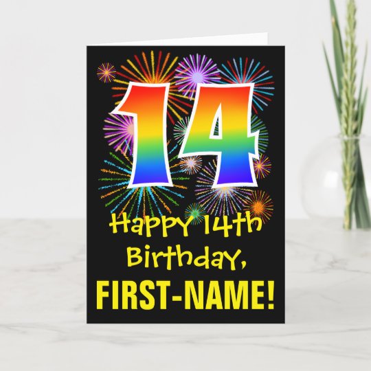14th Birthday: Fun Fireworks Pattern + Rainbow 14 Card | Zazzle.com