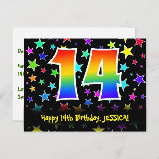 14th Birthday: Fun Stars Pattern, Rainbow 14, Name Postcard | Zazzle