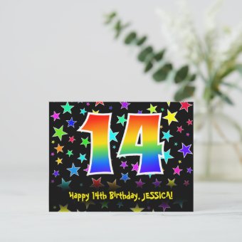 14th Birthday: Fun Stars Pattern, Rainbow 14, Name Postcard | Zazzle