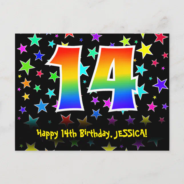 14th Birthday: Fun Stars Pattern, Rainbow 14, Name Postcard | Zazzle
