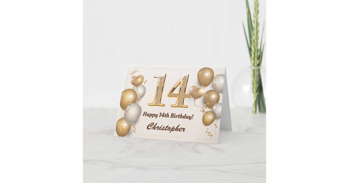 14th Birthday Gold Balloons and Confetti Birthday Card | Zazzle