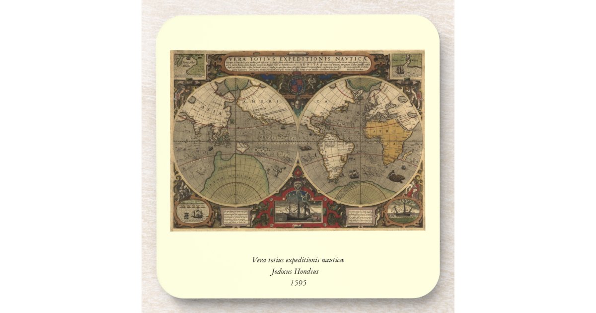 1595 Vintage World Map by Jodocus Hondius Beverage Coaster | Zazzle