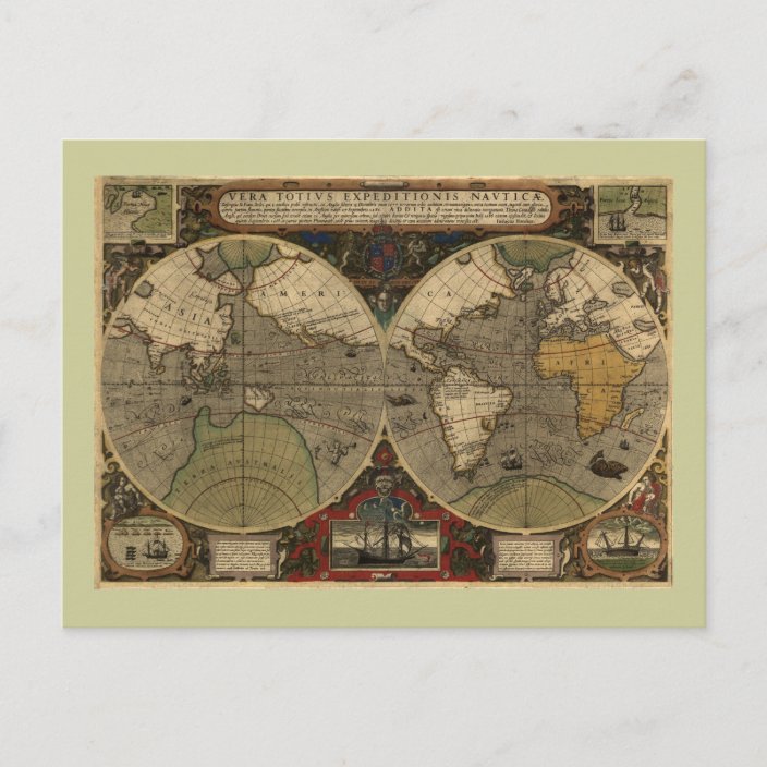 1595 Vintage World Map by Jodocus Hondius Postcard | Zazzle.com