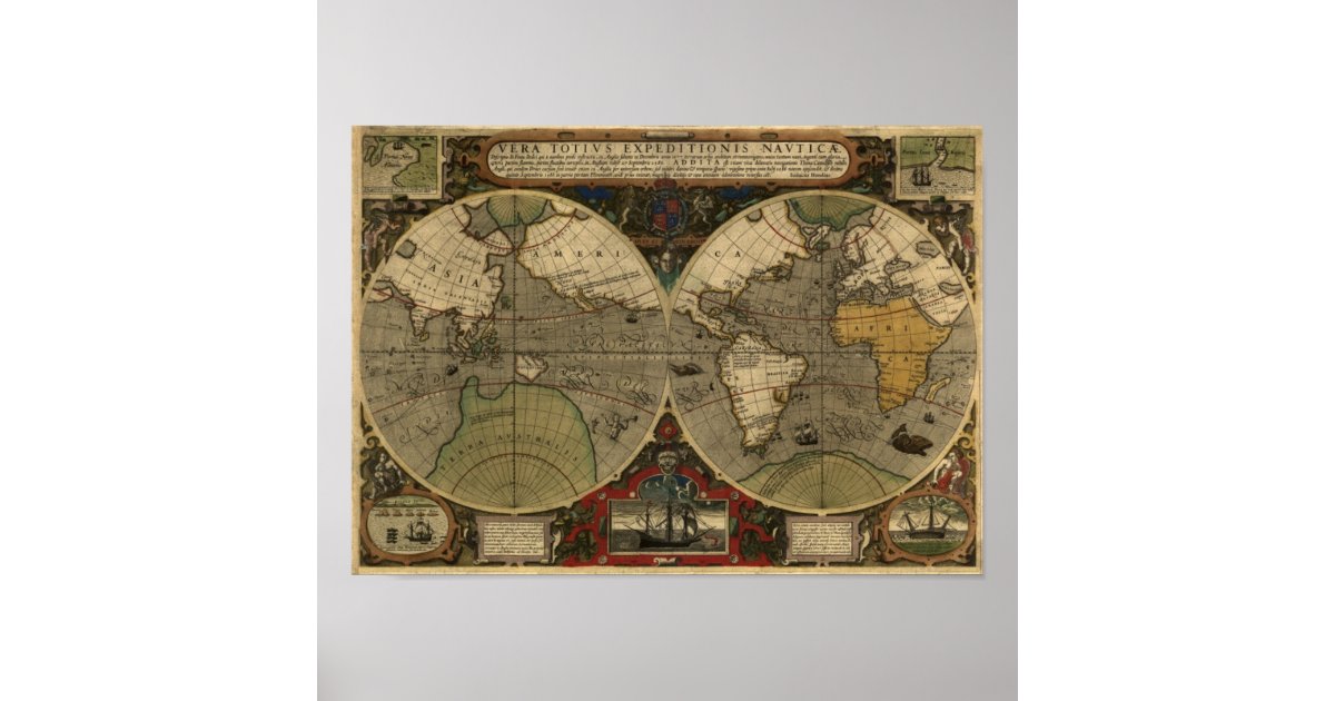 "1595 World Map of Hondius" Historic Map Poster | Zazzle