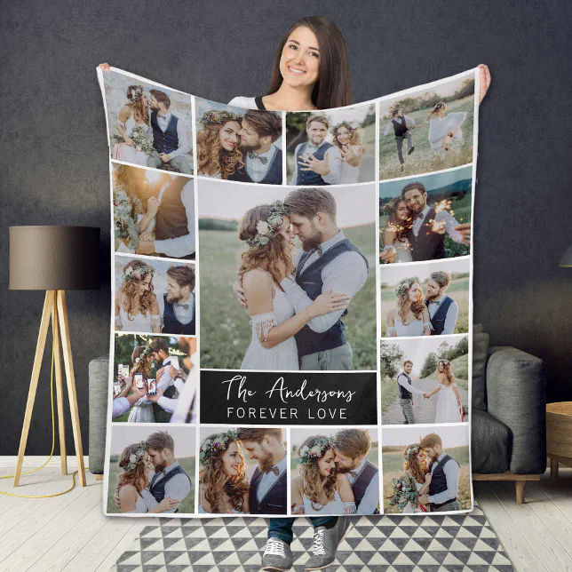 15 Photo Collage Monogram Name Fleece Blanket | Zazzle