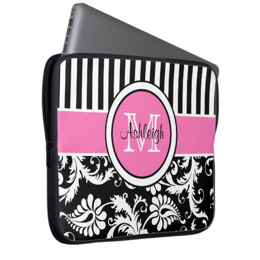 15" Pink Black White Damask Striped Laptop Sleeve | Zazzle