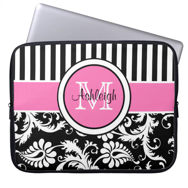 15" Pink Black White Damask Striped Laptop Sleeve | Zazzle