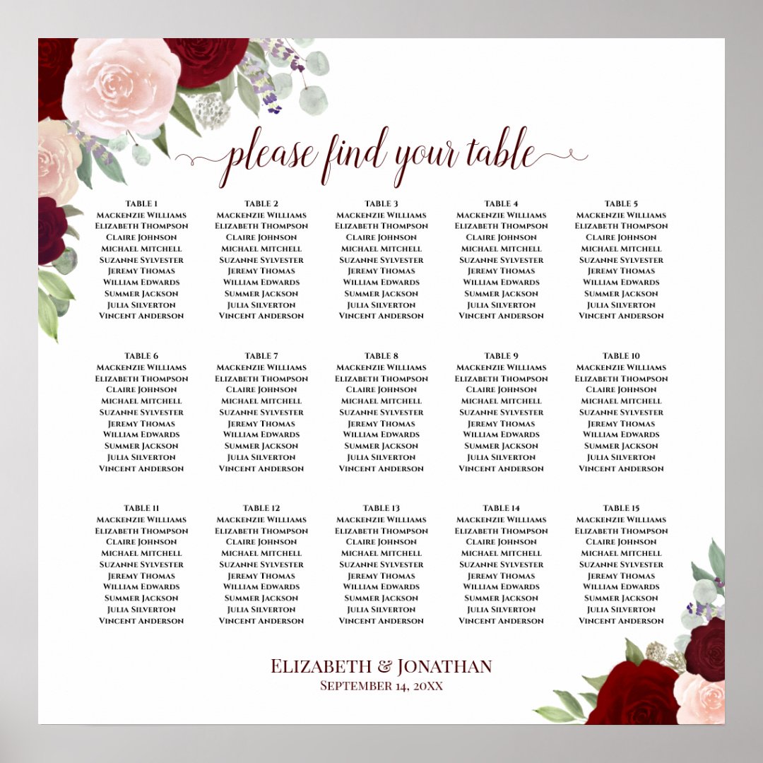 15 Table Burgundy Red & Pink Roses Seating Chart | Zazzle