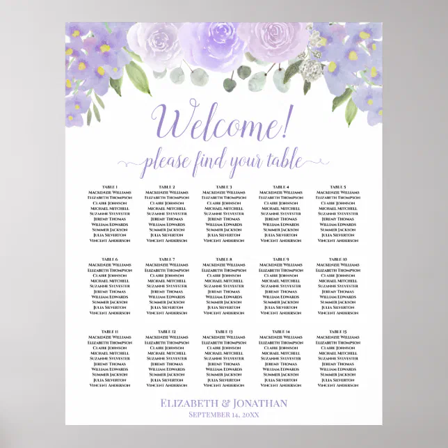 15 Table Lavender Roses Boho Wedding Seating Chart | Zazzle