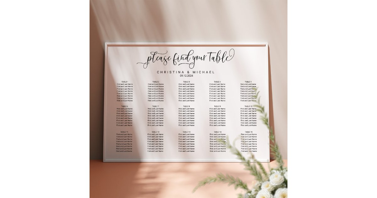 15 Tables 120 Guests Calligraphy Seating Chart | Zazzle